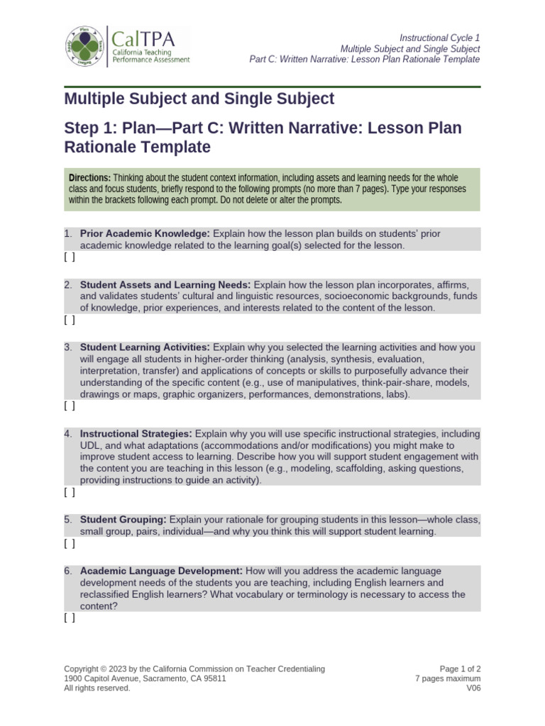 CalTPA_C1_S1_C_LessonPlanRationale | PDF | Lesson Plan | Learning