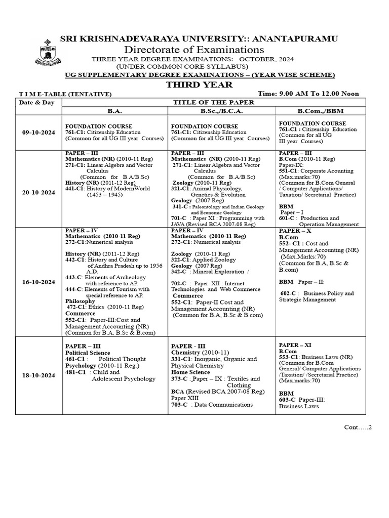 YES 2024 Third Year Time Table | PDF | Biotechnology | Science