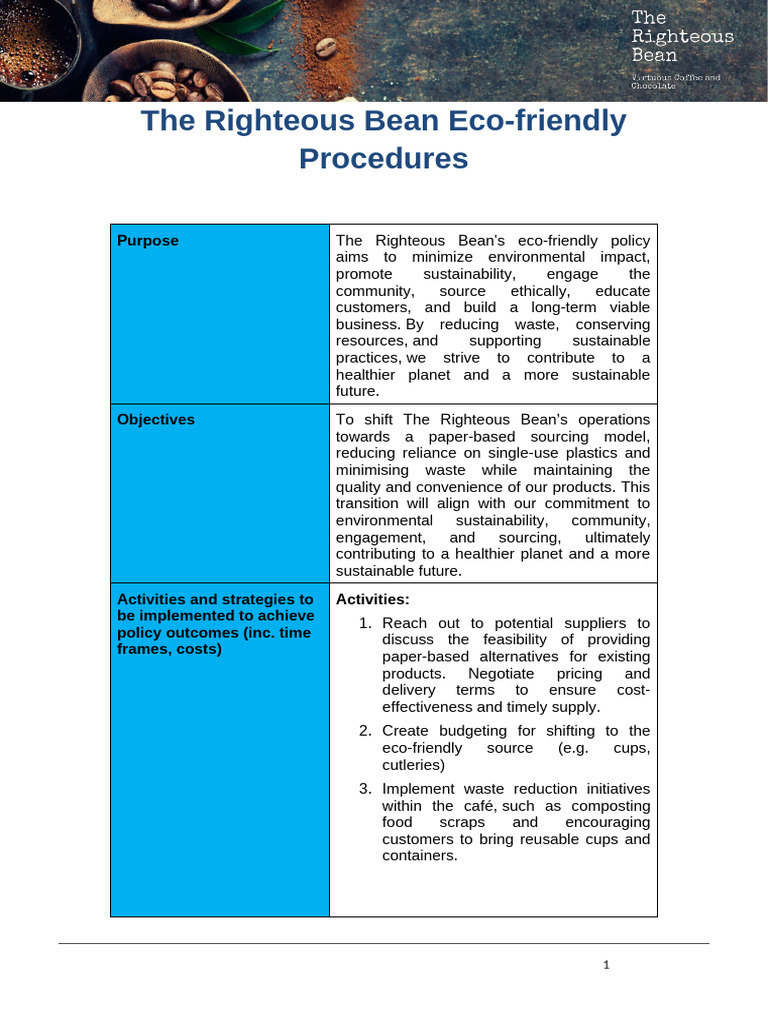 The Righteous Bean Eco-Friendly Procedures | PDF | Sustainability ...