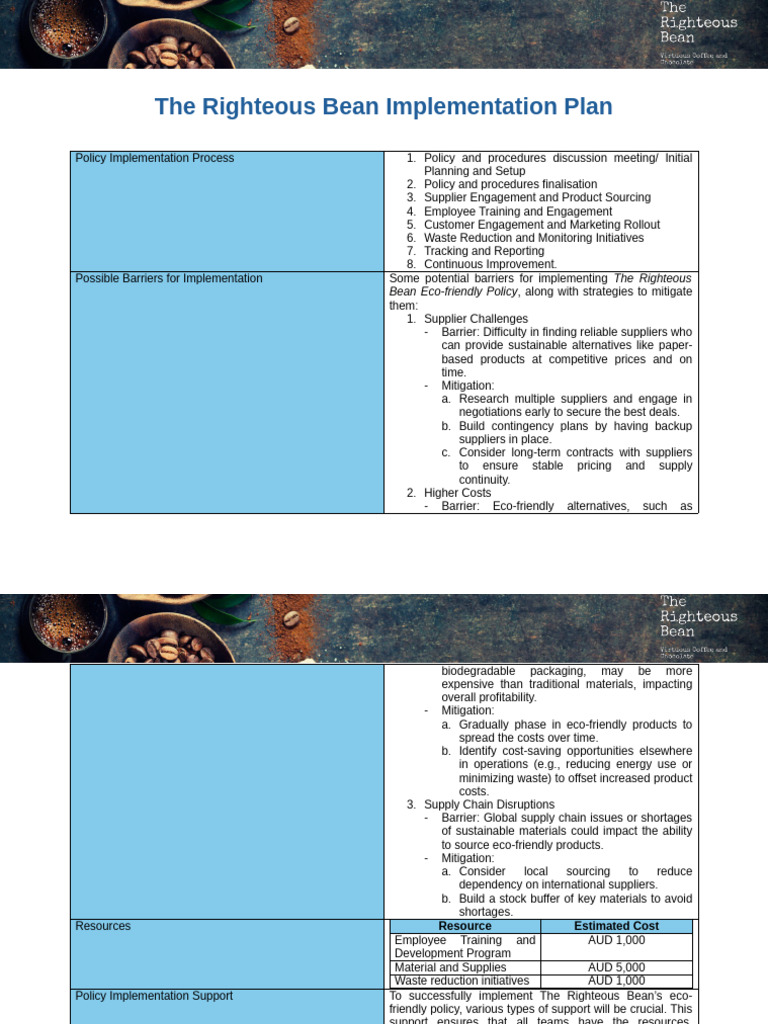 The Righteous Bean Implementation Plan | PDF | Supply Chain | Climate Change Mitigation