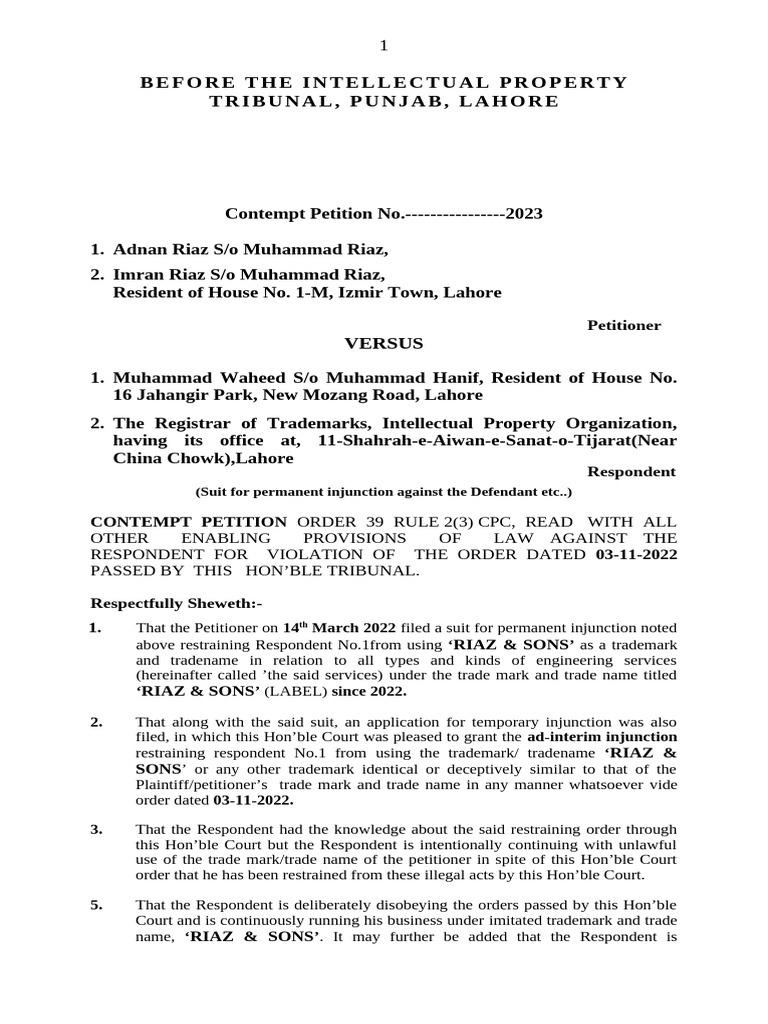 Contempt Petition Riaz and Sons | PDF | Affidavit | Injunction