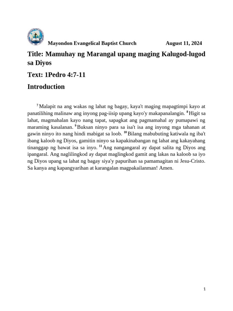 Mamuhay NG Marangal Upang Maging Kalugod-Lugod Sa Diyos | PDF
