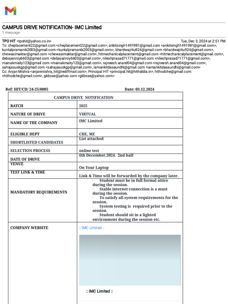 Gmail - Campus Drive Notification- Imc Limited | PDF | Computing | Network Service