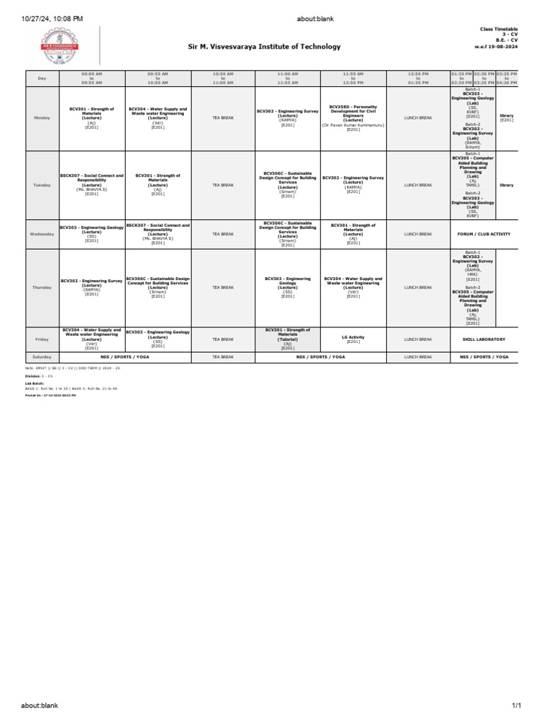 SMVIT B.E. Civil Engineering Timetable | PDF | Natural Sciences | Science
