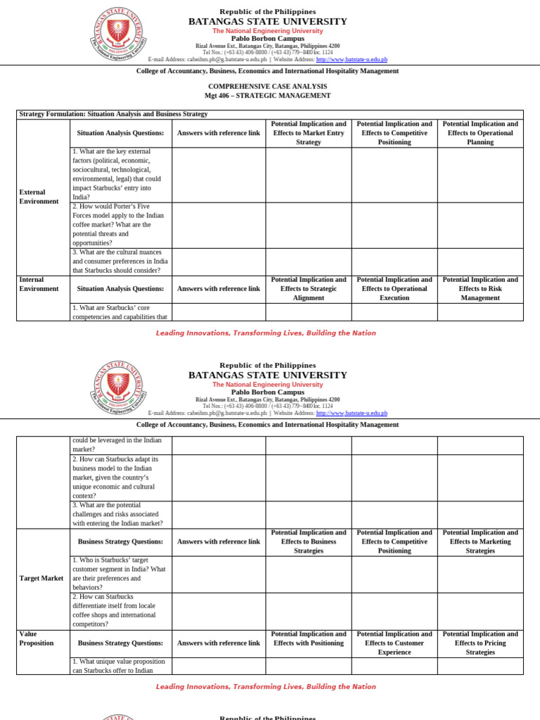 MGT 406 Strategic Management Case Study 1 Format | PDF | Strategic ...
