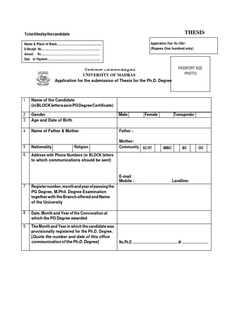 Ph.D. Thesis Submission Application Form | PDF | Thesis | Doctor Of ...
