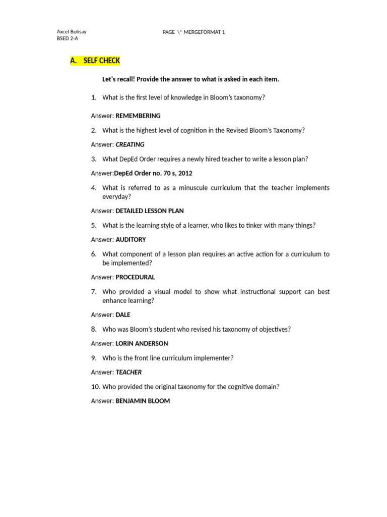 Bolisay Axcel Activities | PDF | Learning | Curriculum