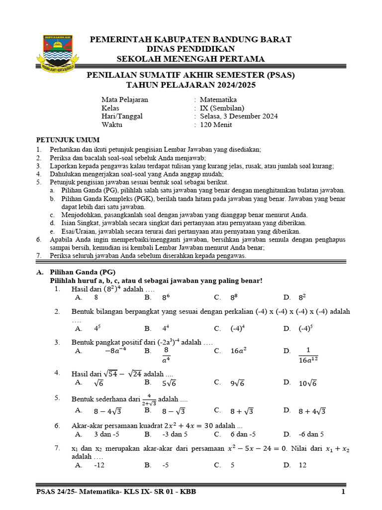 Soal Matematika Kelas 9 | PDF