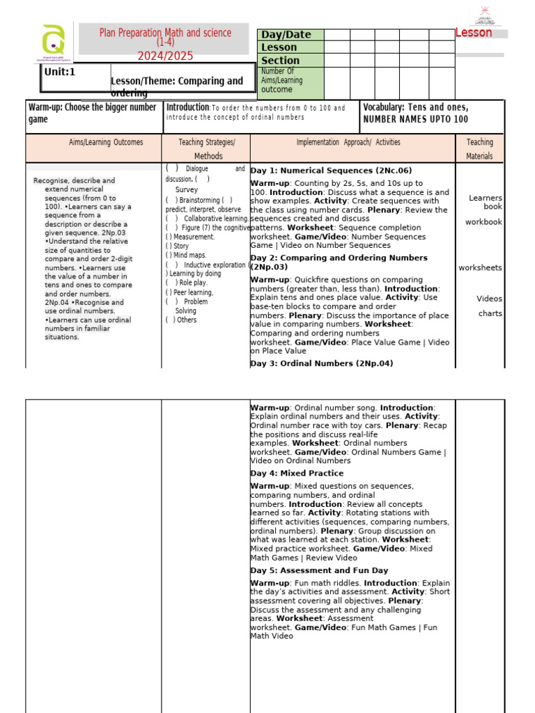 Comparing and Ordering Numbers Lesson Plan | PDF | Worksheet | Mathematics