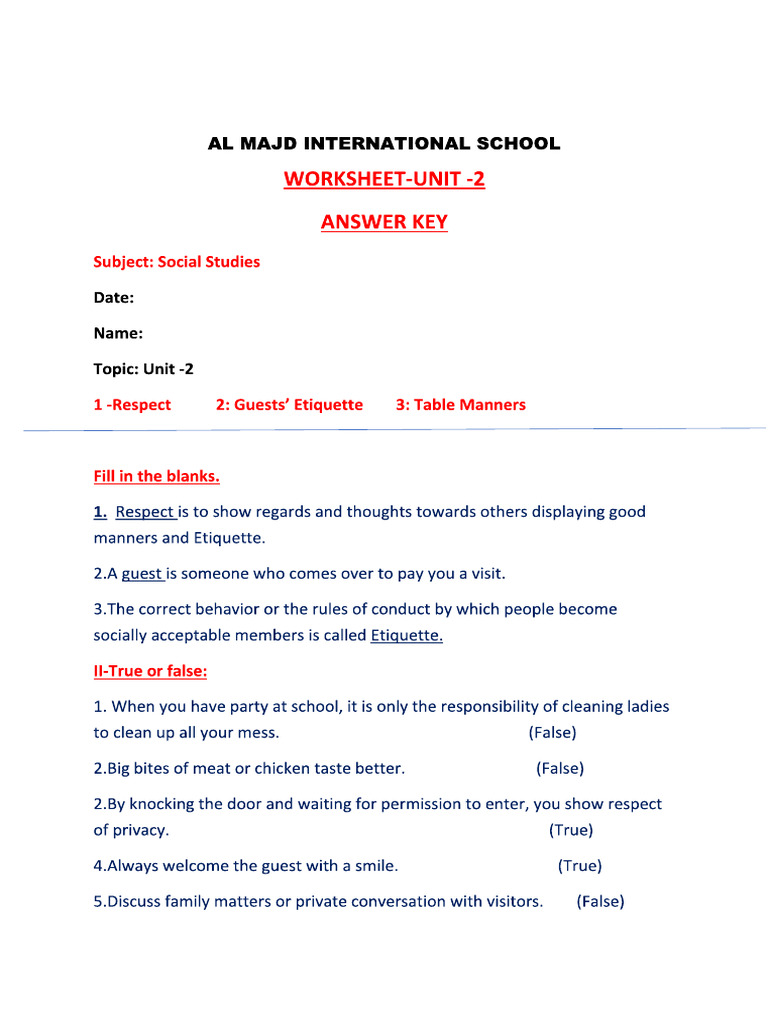 Unit - 2 Worksheet Answer Key | PDF