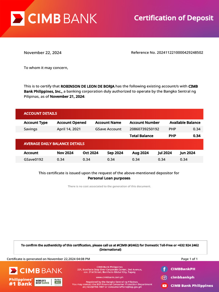 CIMB Deposit Certification Nov 2024 | PDF