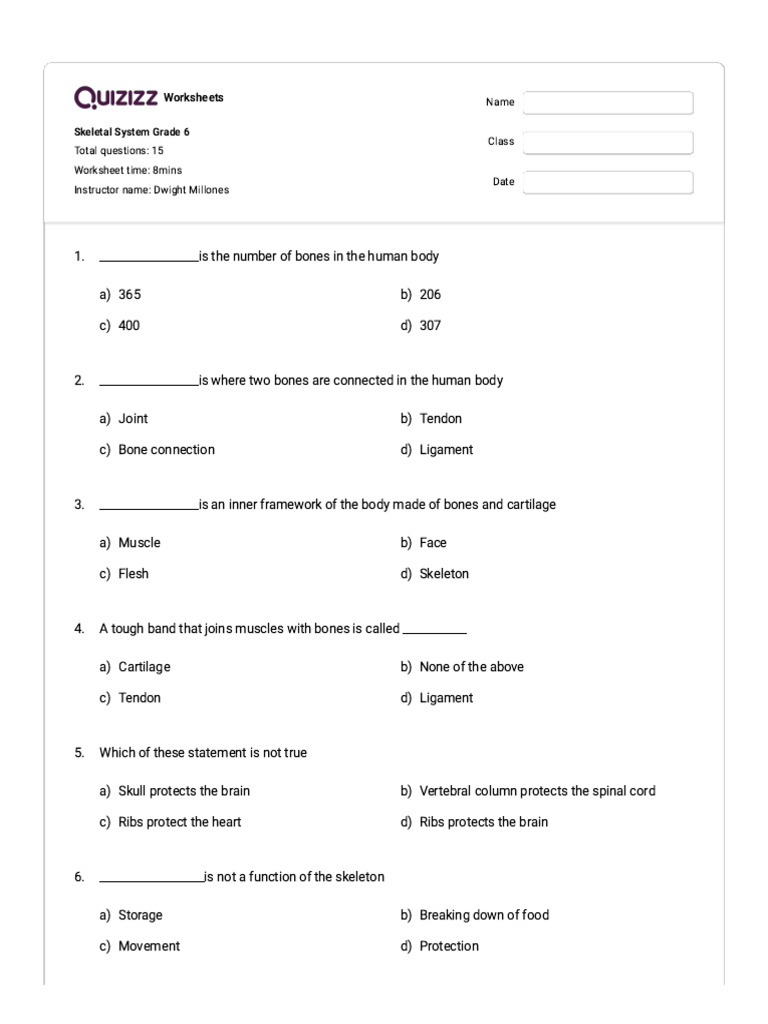Skeletal System Grade 6 - Quiz | PDF | Skeleton | Bone