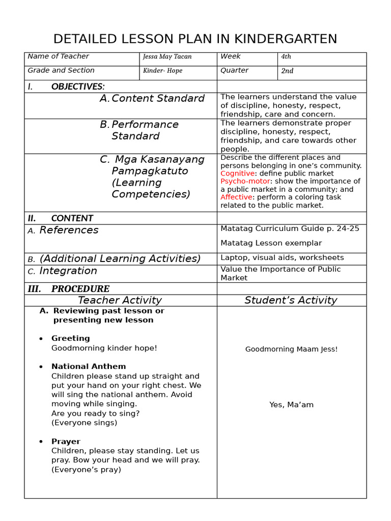Week 4 Detailed Lesson Plan in Kindergarten V | PDF