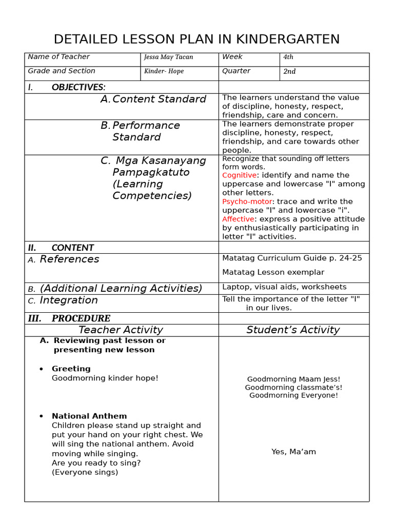 Lesson Plan: Letter I for Kindergarten | PDF | Cognition | Human ...