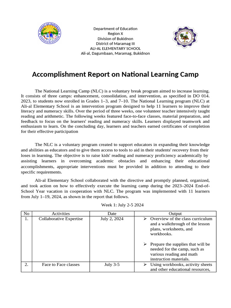 NLC Accomplishment Report 2024-2025 | PDF | Teachers | Worksheet