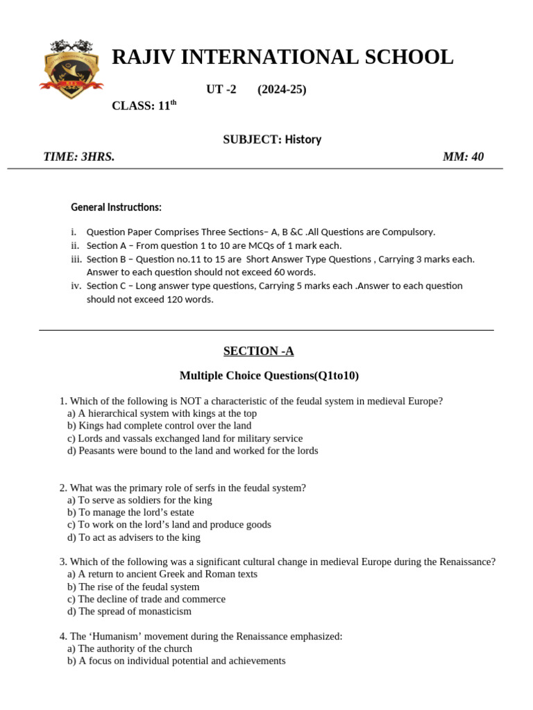 Class 11 History UT -2 | PDF | Feudalism | European Colonization Of The ...