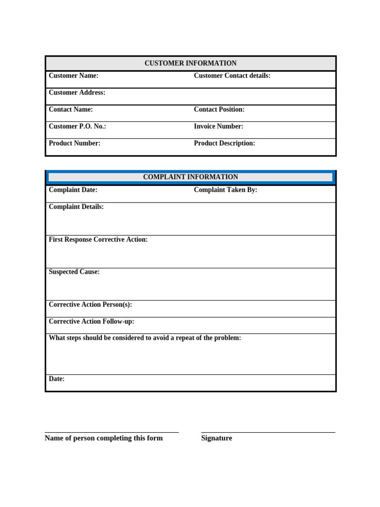 Form For Customer Complaints | PDF