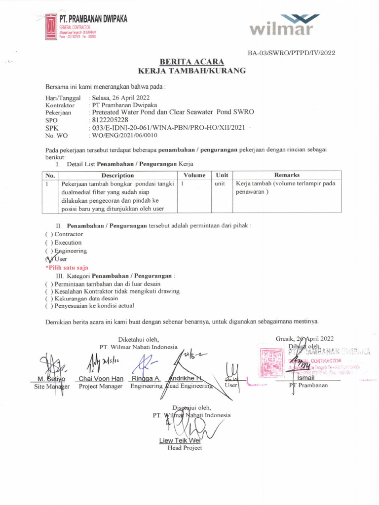 BA-03 SWRO PTPD IV 2022 (TAMBAH BONGKAR PONDASI TANGKI DUALDIMETER) Wo Ok | PDF