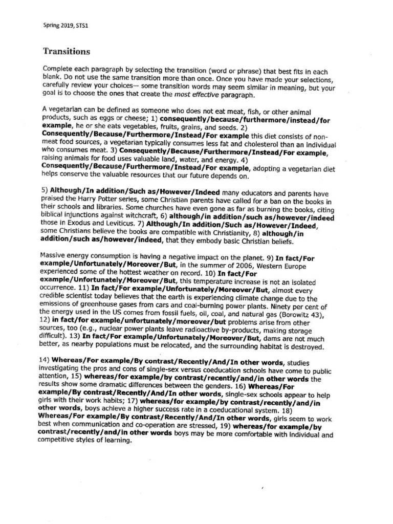 Transition Practice Worksheet | PDF