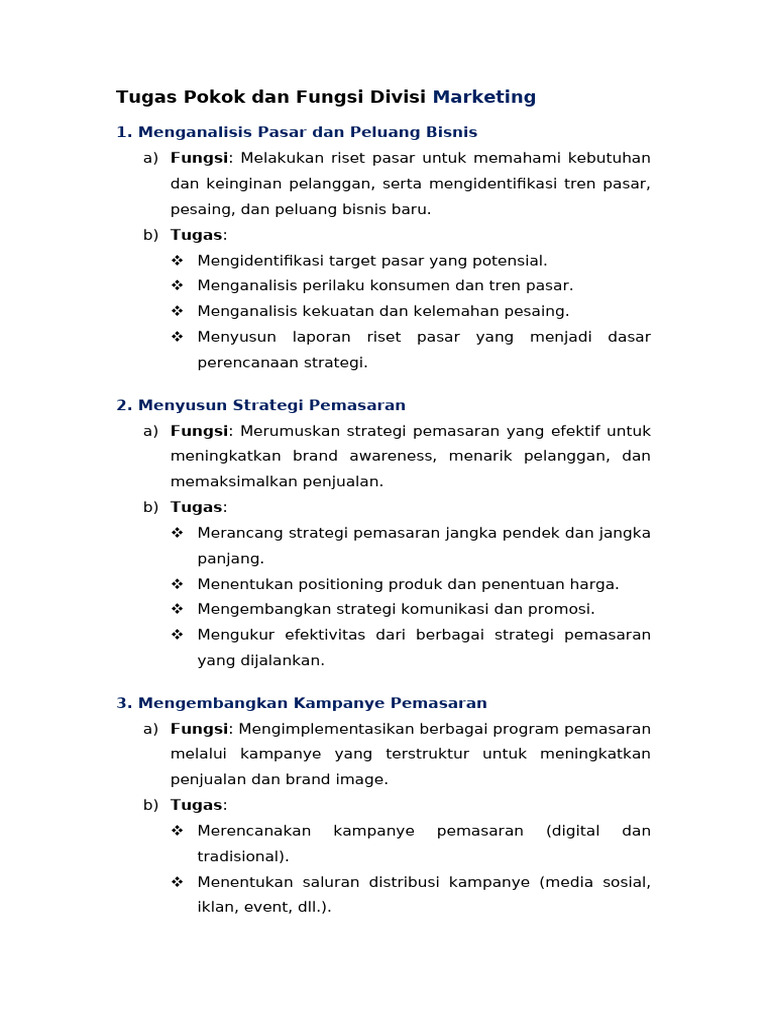 Tupoksi Divisi Marketing | PDF