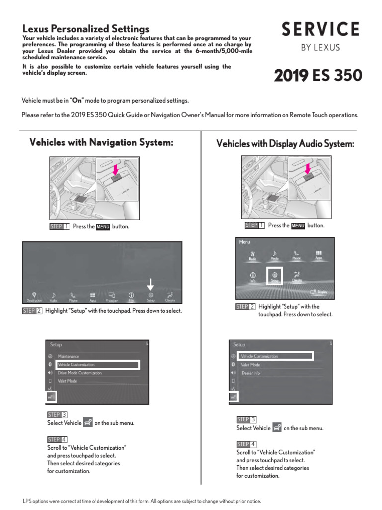 2019 - ES350 Customise Car Settings | PDF | Headlamp | Air Conditioning
