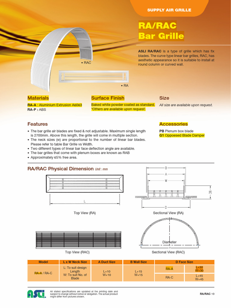 RA/RAC Bar Grille Specifications | PDF | Duct (Flow)