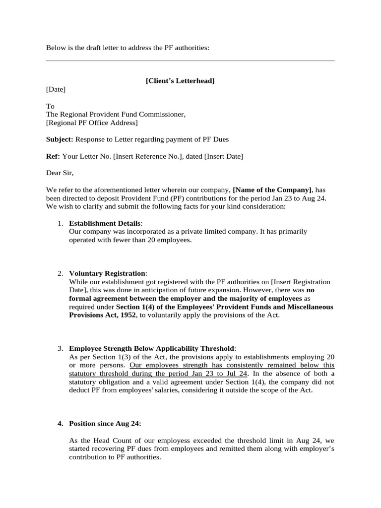 PF Dues Clarification Letter Template | PDF | Employment | Business