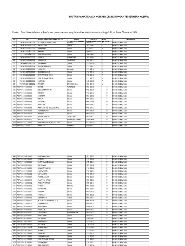Data Non ASN 2022 Dinas Kesehatan | PDF