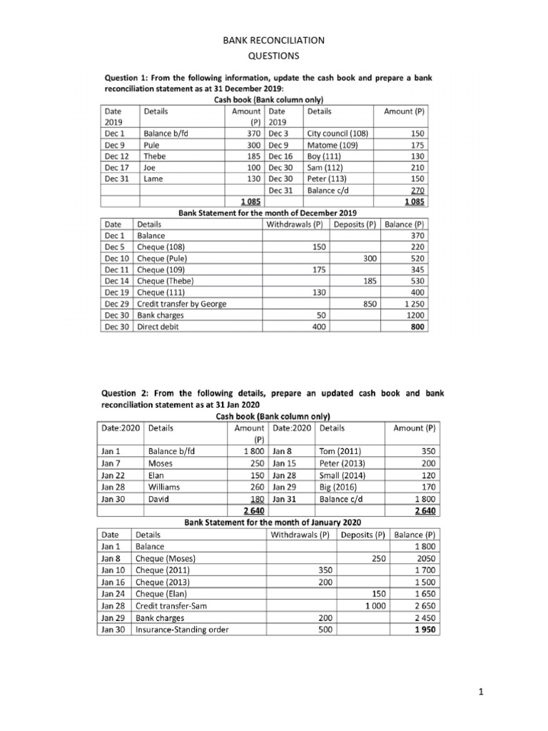 Bank Reconciliation Questions | PDF