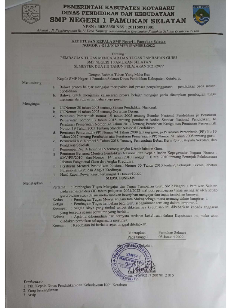 SK Pembagian Tugas Mengajar Semester 2 TP 2021-2022 | PDF