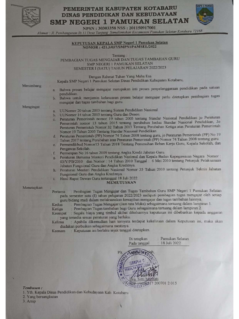 SK Pembagian Tugas Mengajar Semester 1 TP 2022-2023 | PDF