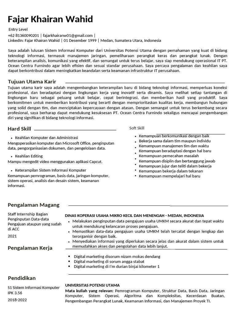 CV Fajar Khairan Wahid | PDF