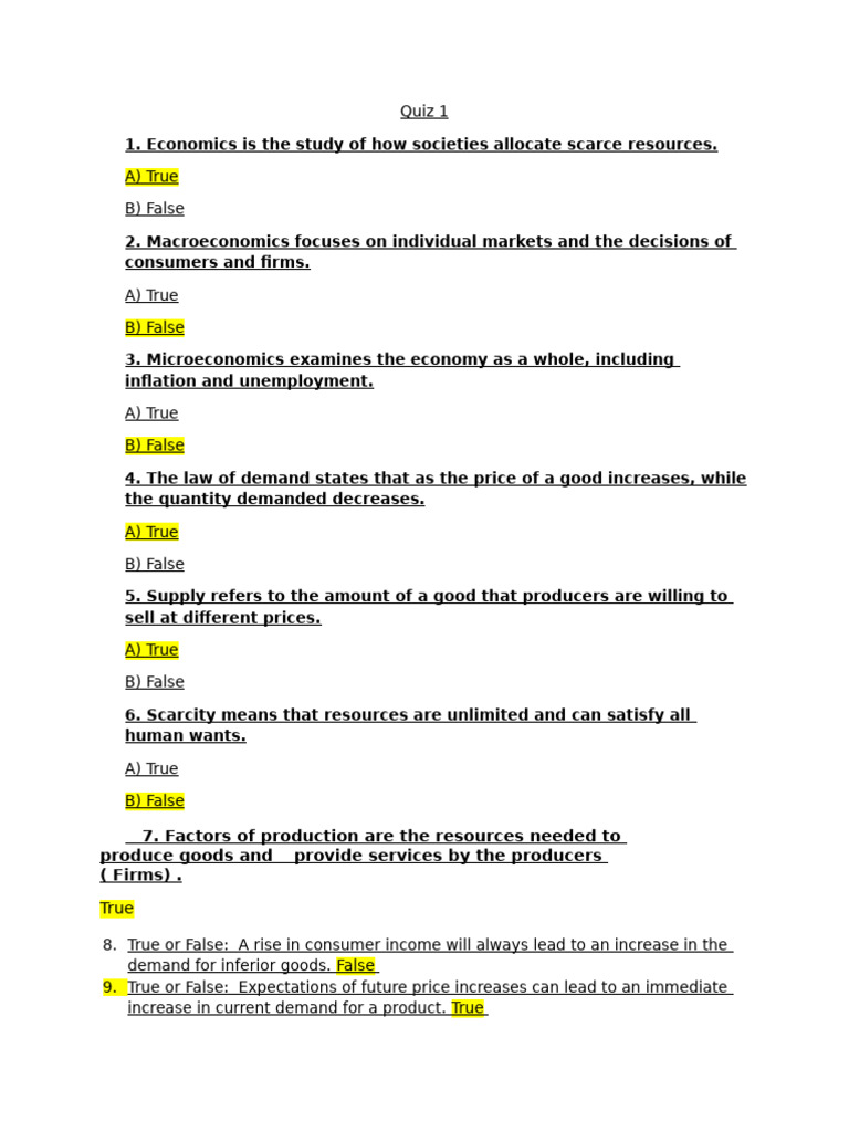Economics Quiz: Demand and Supply Concepts | PDF | Demand | Microeconomics
