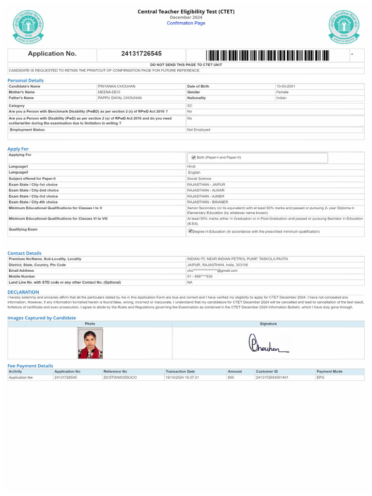 Priyanka Ctet Form | PDF