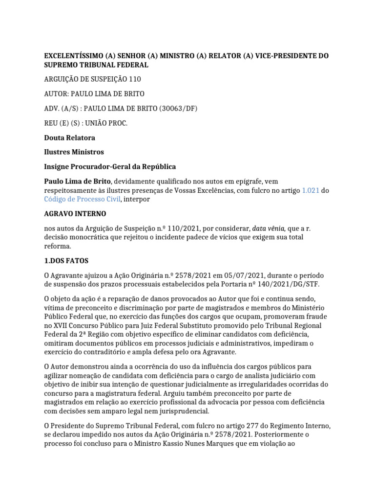 Agravo Interno na Arguição de Suspeição 110 | PDF | Processo civil ...