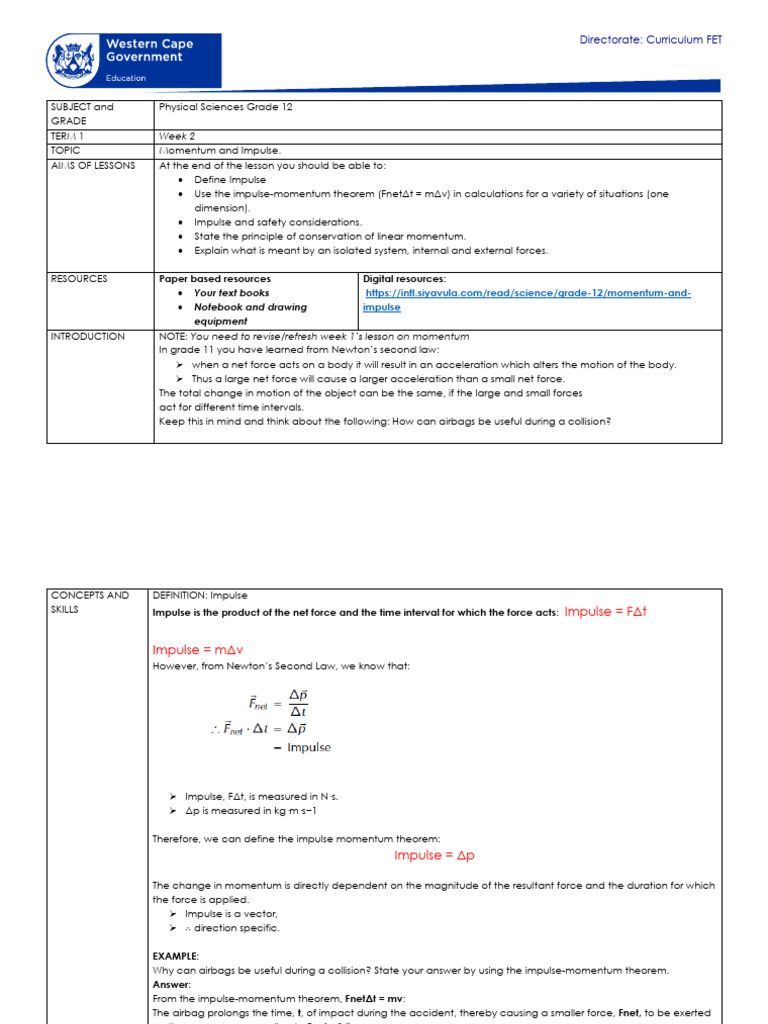Physical Sciences Grade 12 Term 1 Week 2 - 2021 | PDF | Force | Momentum