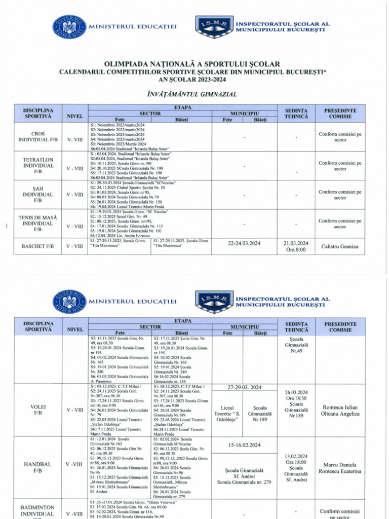 Calendar Sport Olimpiada 23 24 | PDF