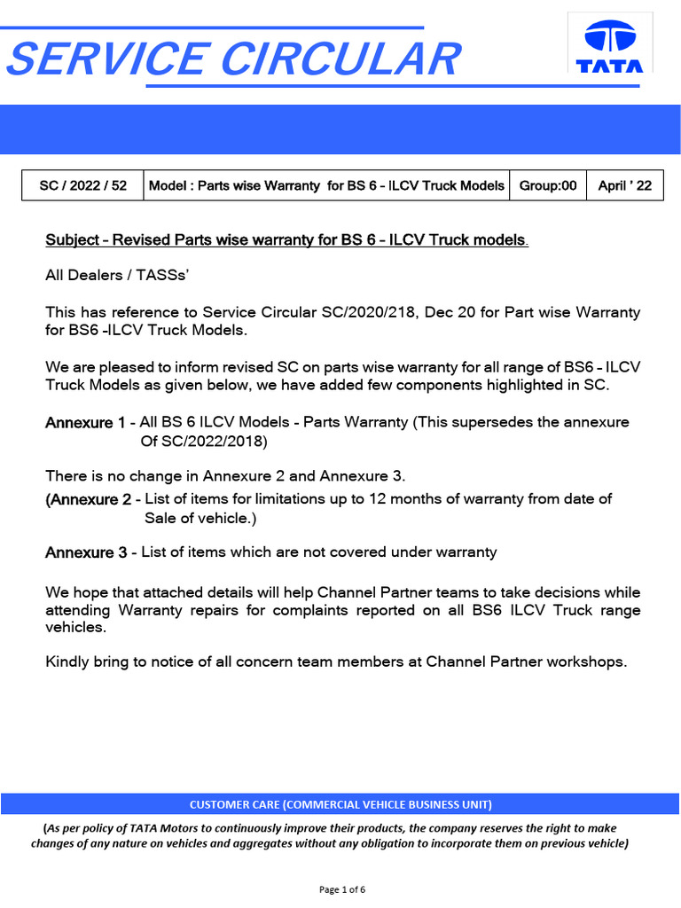 Parts Wise Warranty For BS 6 - ILCV Truck Models | PDF | Axle | Brake