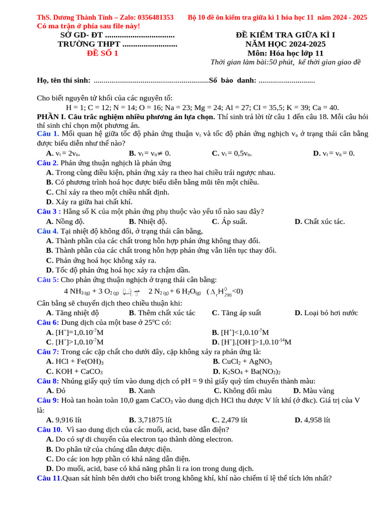 Tang 2 de On KTGK 1 Hoa 11 Nam 2024-2025.DTT.0356481353 | PDF