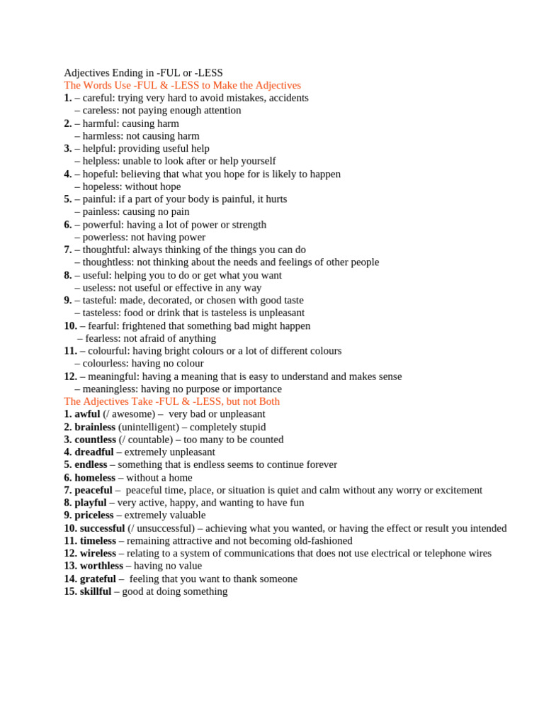 Adjectives Ending in full-less | PDF