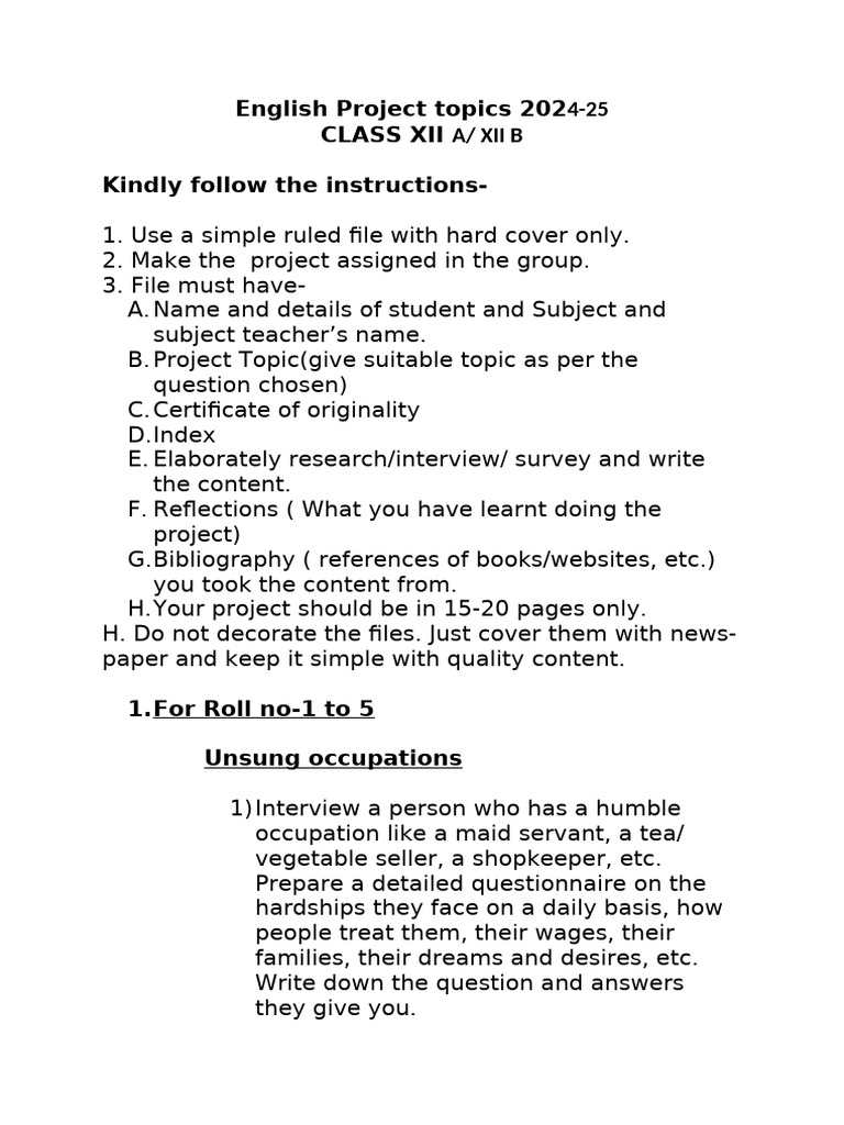 English Project topics 2024 XII A XII C-1 | PDF