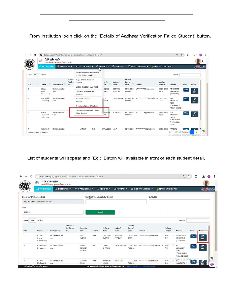 Updated Edit Process When Student Status Is Failed While Aadhaar Authentication Process | PDF