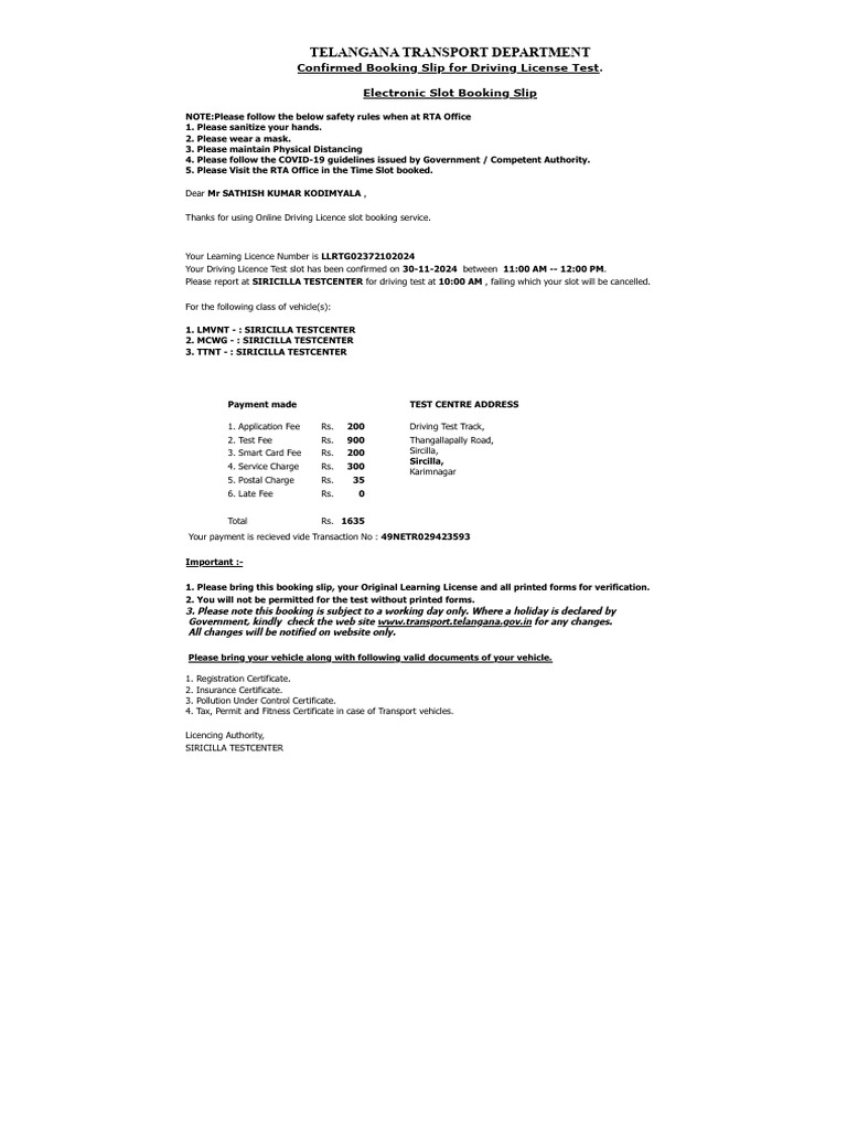 Electronic Slot Booking Slip Slip | PDF | Driver's License | License
