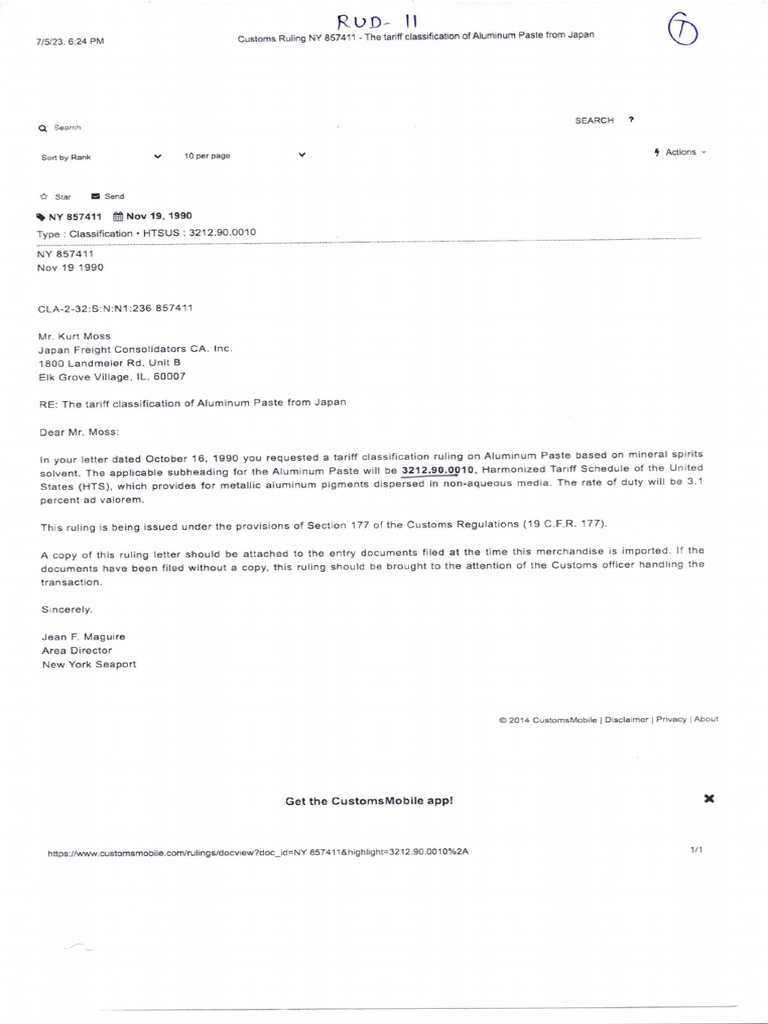 Rud - 9-1 Customs Ruling | PDF | Taxes | Payments