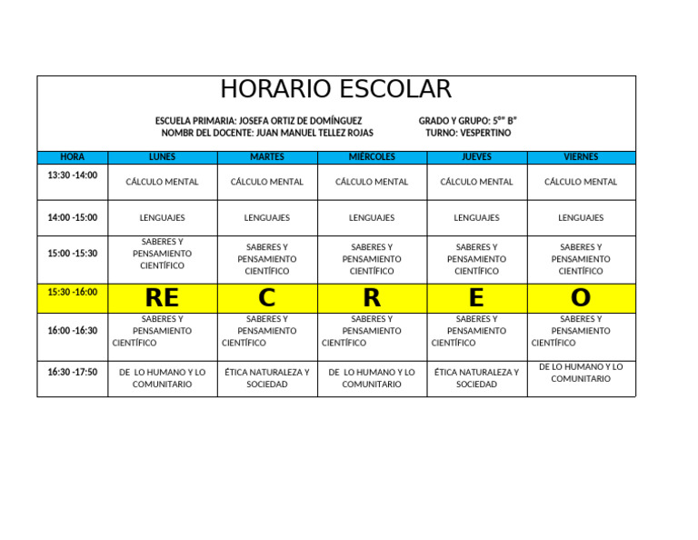 Horario Escolar 5 B | PDF