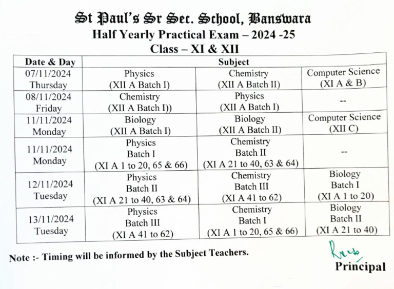 Classes XI and XII Science Practical Time Schedule 26-Oct-2024 13-32-50 ...