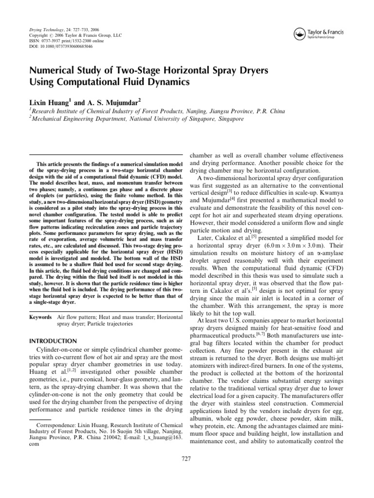 Numerical Study of Two-Stage Horizontal Spray Dryers Using Computational Fluid Dynamics | PDF ...
