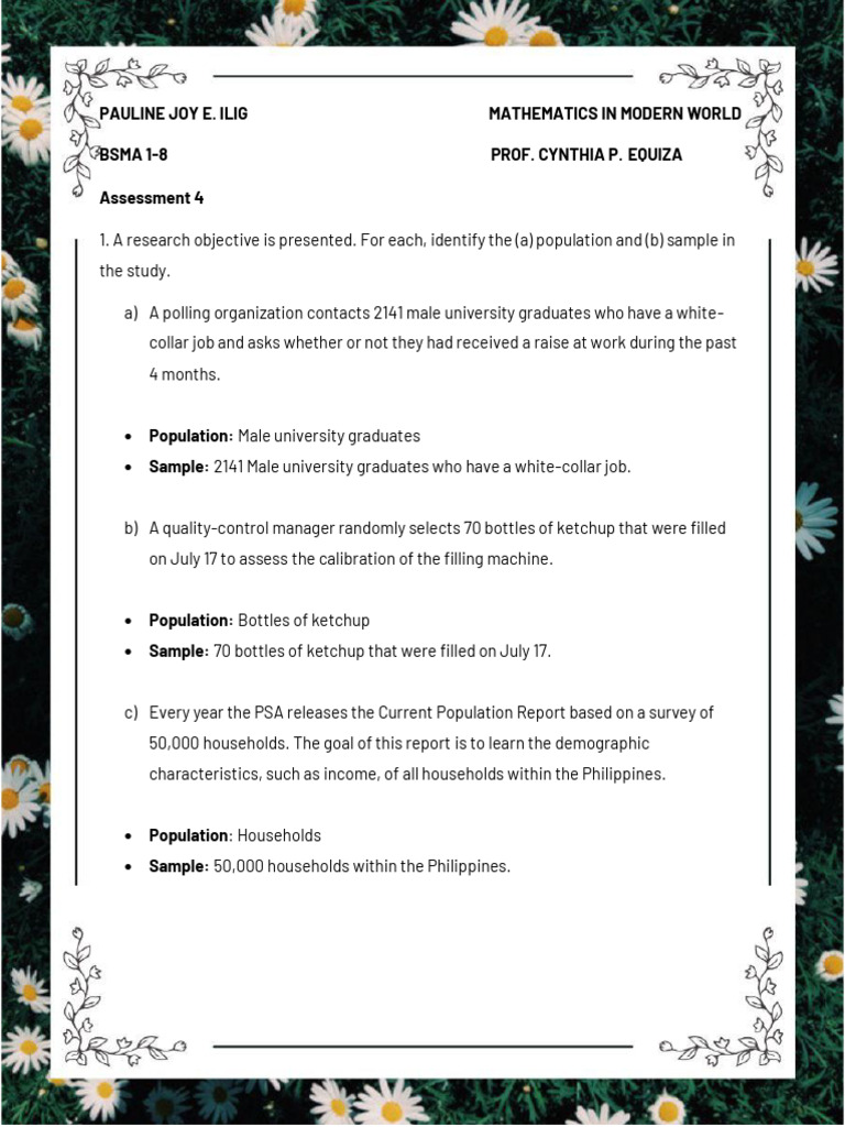 ILIG Pauline Joy E. Assessment4 MMW PDF | PDF | Sampling (Statistics) | Probability Theory