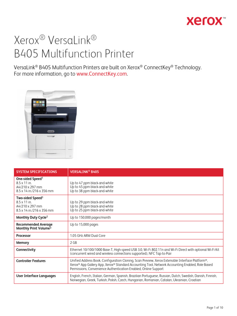 Xerox VersaLink B405 Specs Overview | PDF | Public Key Certificate | Fax