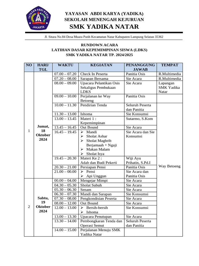 Rundown LDKS SMK Yadika Natar 2024 | PDF